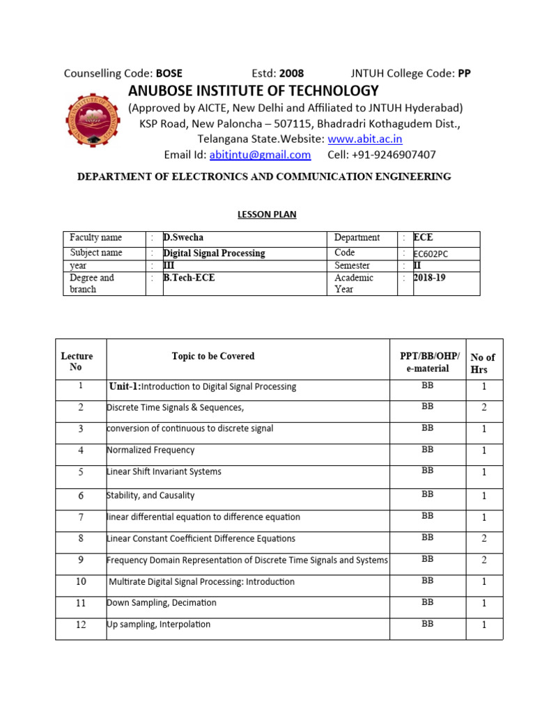 DSP Lesson Plan | PDF | Discrete Fourier Transform | Filter (Signal Processing)