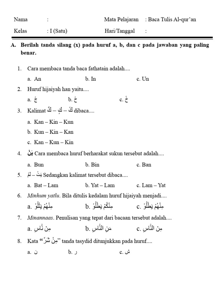 Latihan Soal BTQ Kelas 1 | PDF | Kajian Bahasa Asing | Puisi