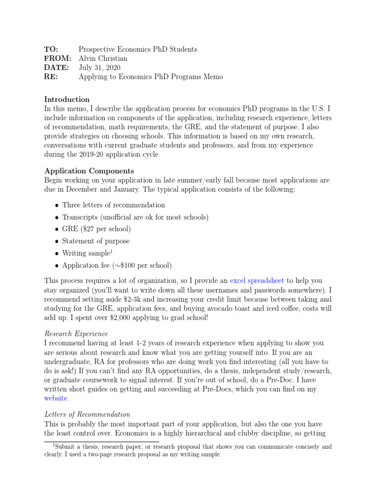 Applying To Econ PHD Memo | PDF | Mathematics | Mathematical Analysis