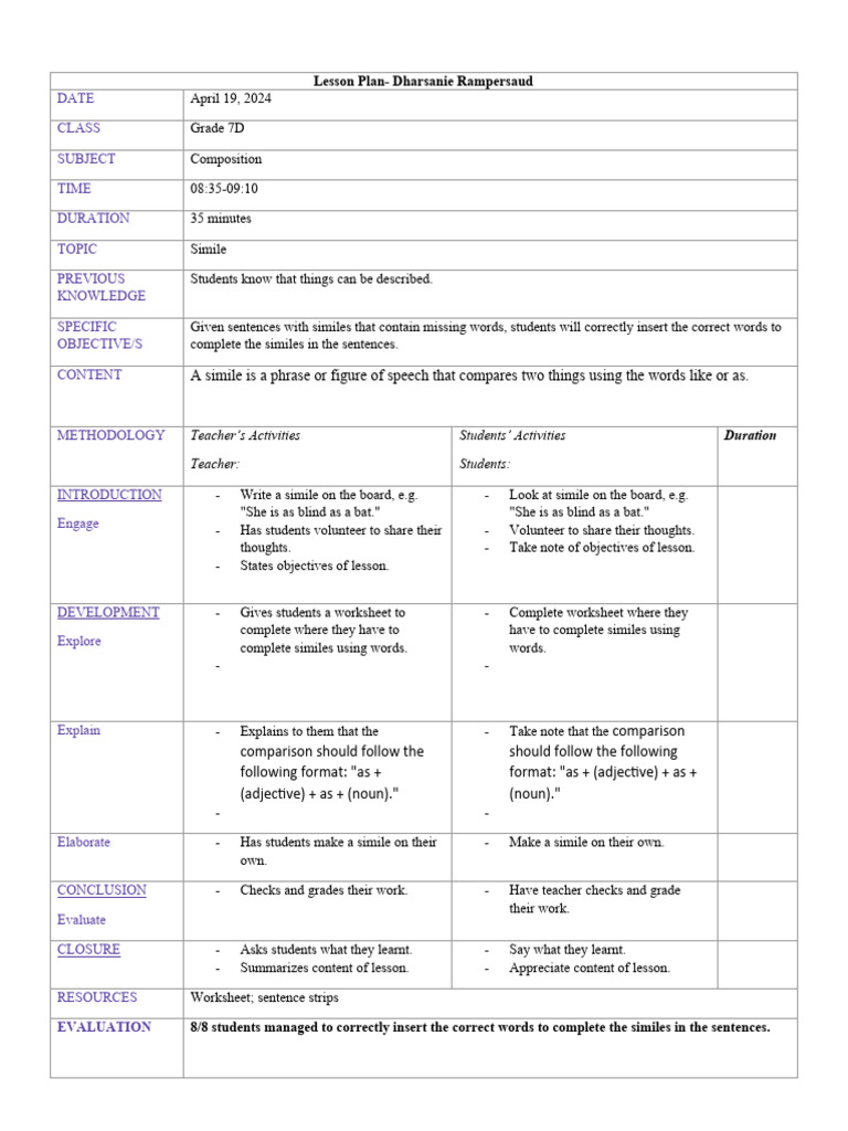 22 - April 19, 2024-Simile-7D - D. Rampersaud | PDF | Adjective | Noun