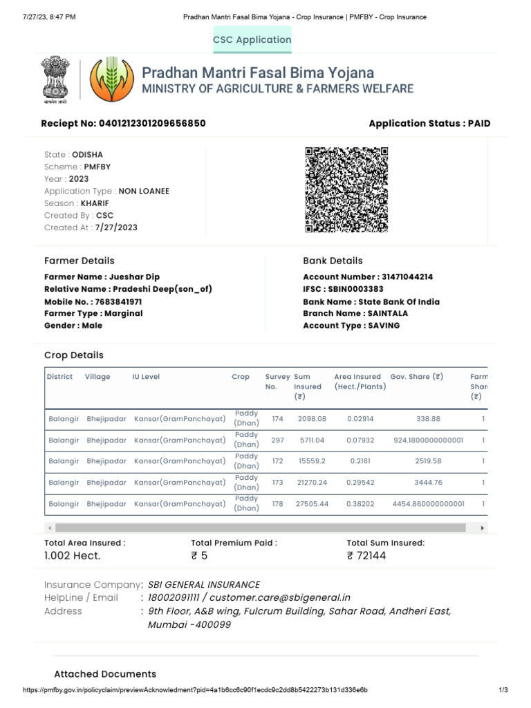 Pradhan Mantri Fasal Bima Yojana - Crop Insurance - PMFBY - Crop Insurance | PDF