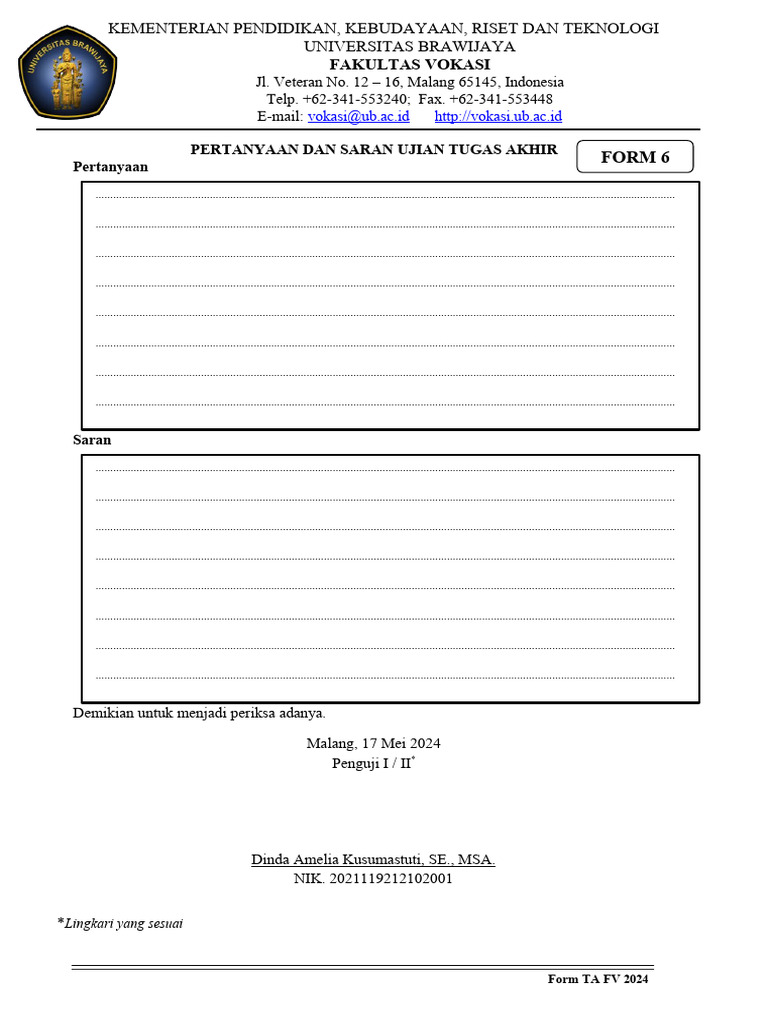 FORM 6 Saran Dan Pertanyaan Ujian Tugas Akhir Bu Dinda | PDF