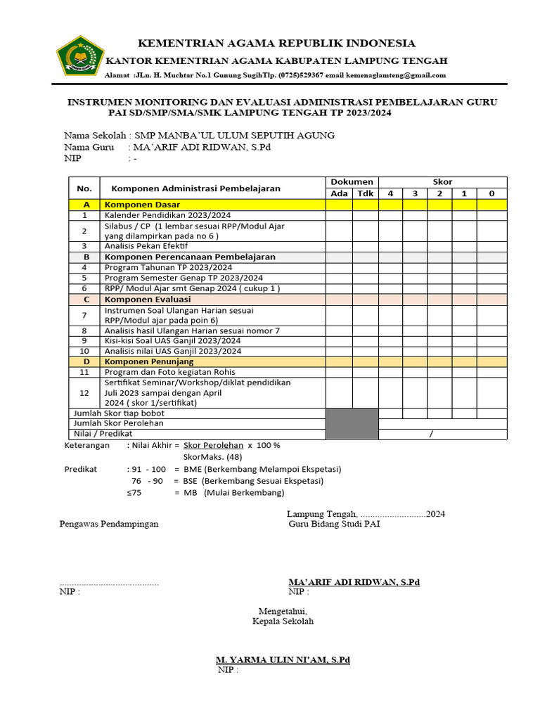 Instrumen Monitoring | PDF | Karier & Perkembangan