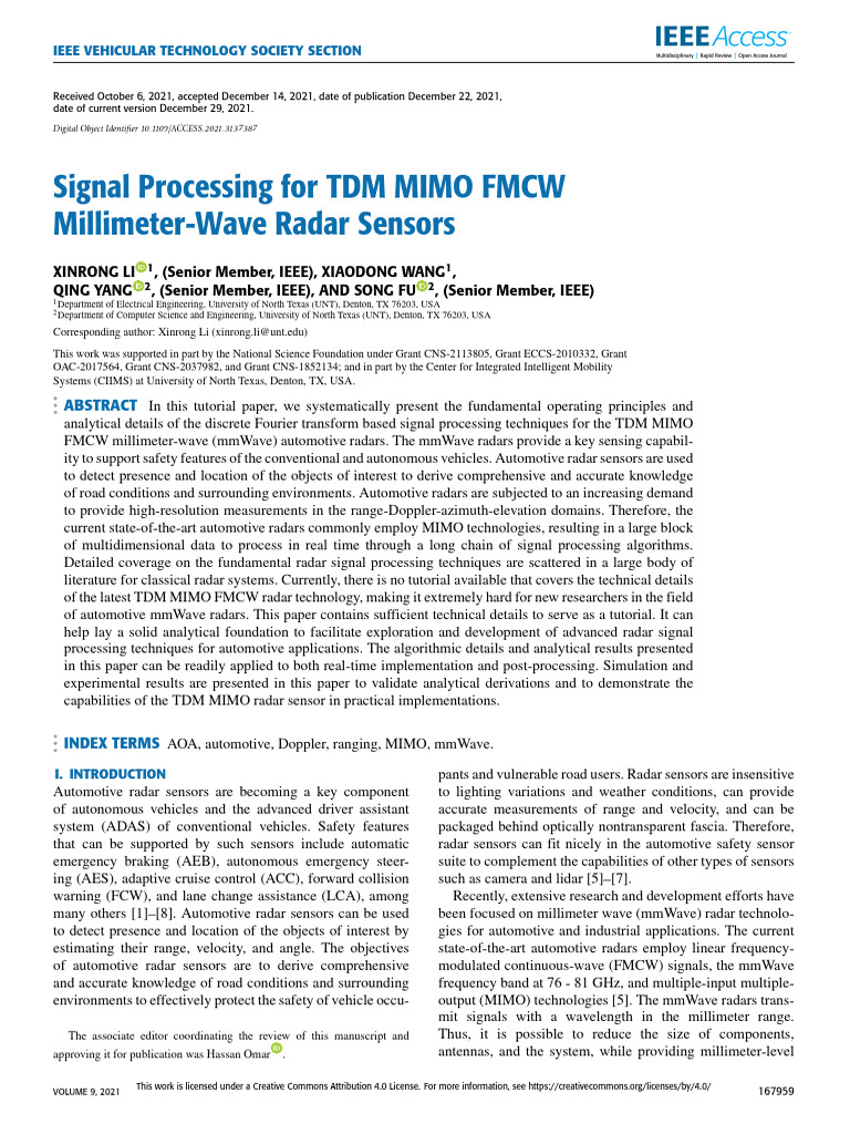 Signal Processing For TDM MIMO FMCW Millimeter-Wave Radar Sensors | PDF ...