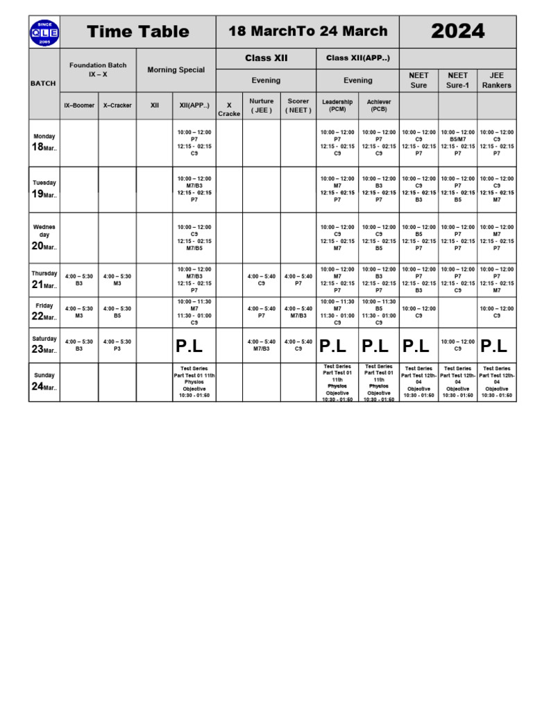 New Batch Time Table 18 March To 24 March 2024 | PDF