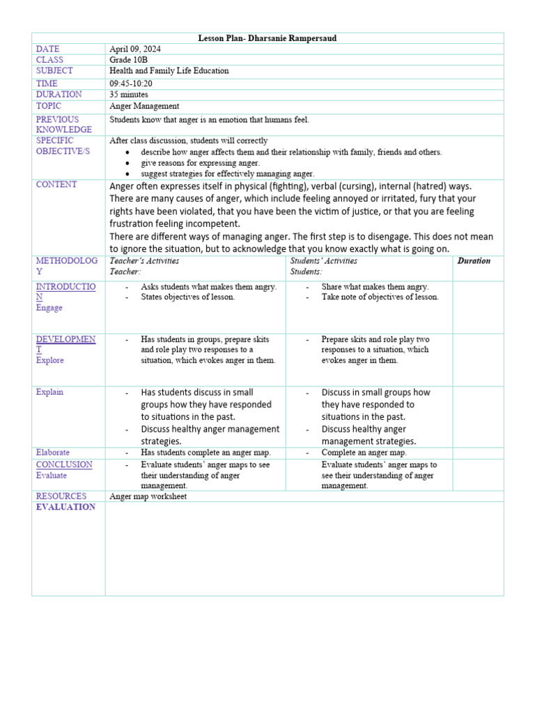Anger Management Lesson Plan | PDF | Anger | Emotions