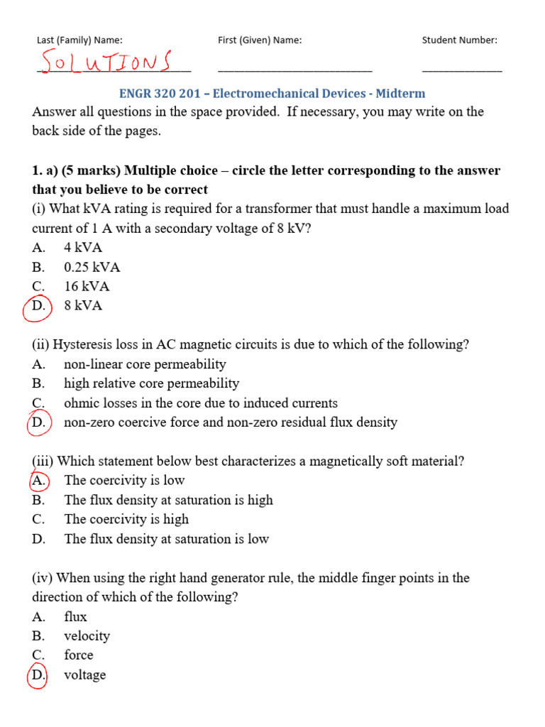 Engr 320 201 Midterm 2020 Solutions Ver2 | PDF | Transformer | Power ...