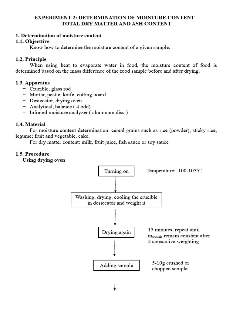 EXPERIMENT 2: DETERMINATION OF MOISTURE CONTENT – TOTAL DRY MATTER AND ASH CONTENT | PDF ...