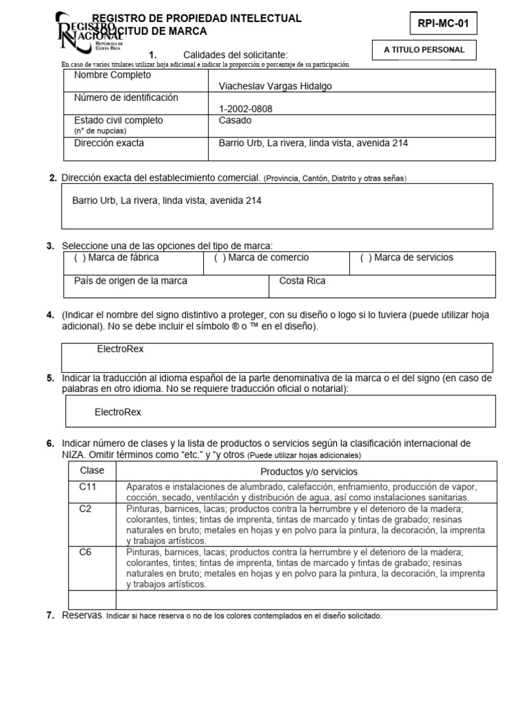 Formulario-RPI-MC-01-Solicitud de Marca A Titulo Personal | PDF