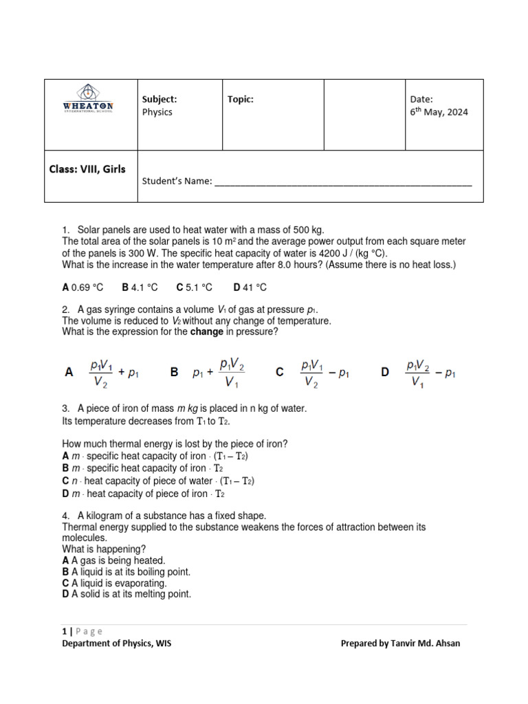 Physics Worksheet Heat Capacity G8 | PDF | Teaching Methods & Materials | Science & Mathematics