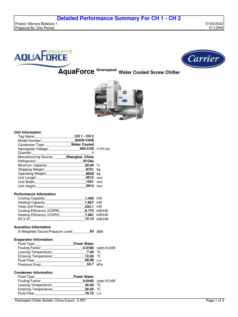 Selection Report 30XW-V408 (411 TR) - Project Menara Bidakara I | PDF | Engineering ...