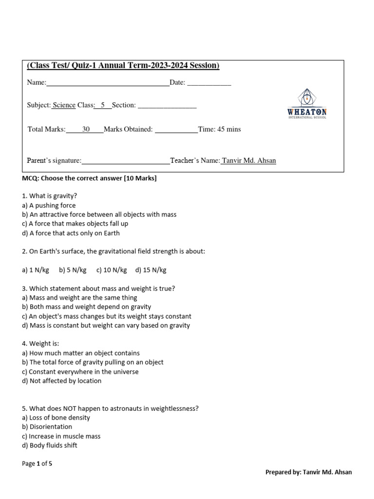 Quiz 1 | PDF | Weight | Mass
