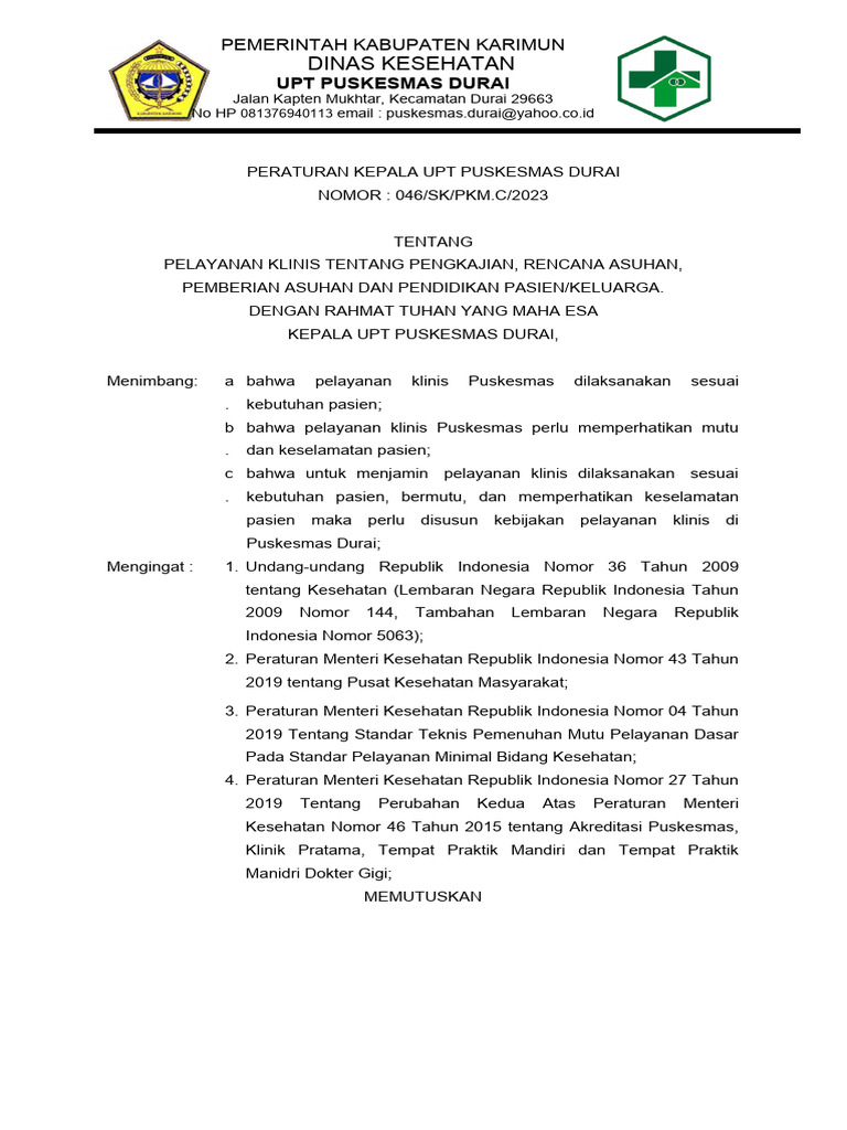 3.2.1 SK Pelayanan Klinis Tentang Pengkajian, Rencana Asuhan, Pemberian Asuhan, Dan Pendidikan ...