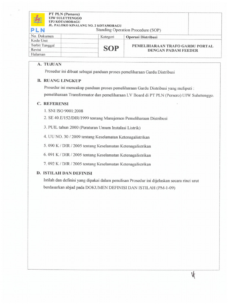 Sop Har Trafo GD Portal DGN Pemadaman Feeder | PDF