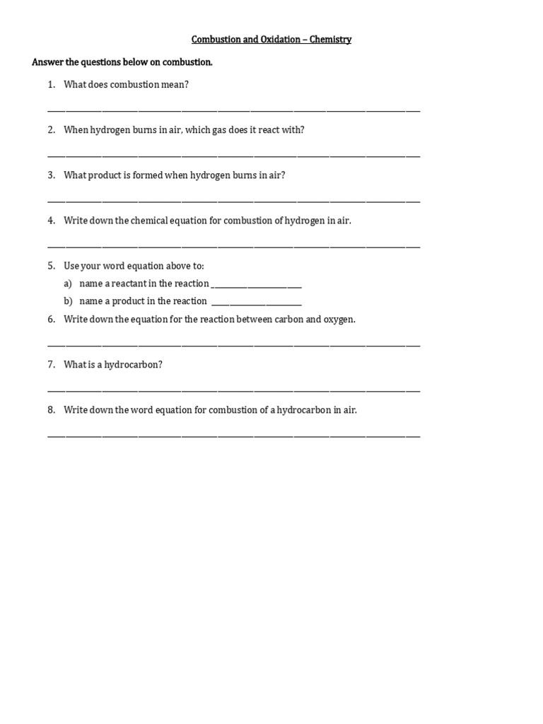 Combustion and Oxidation Quiz | PDF | Combustion | Chemical Reactions