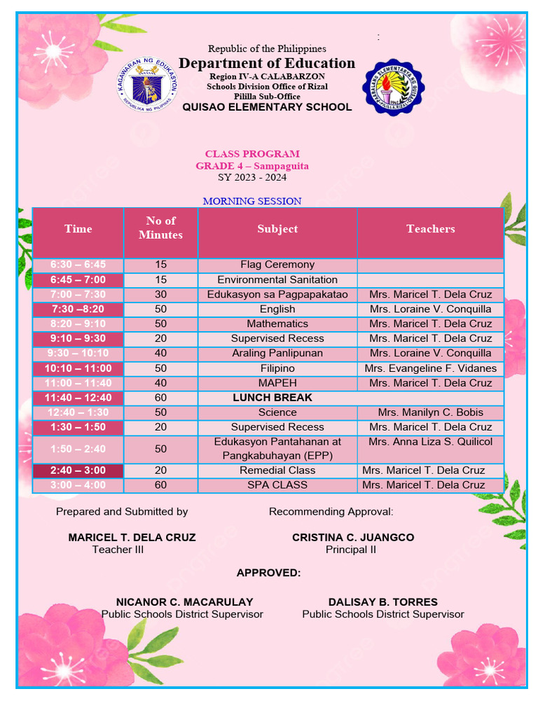 Grade 4 Class-Program-SY-2023-2024 FINAL | Download Free PDF | Social ...
