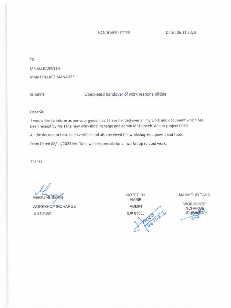 Hand Over Letter | PDF