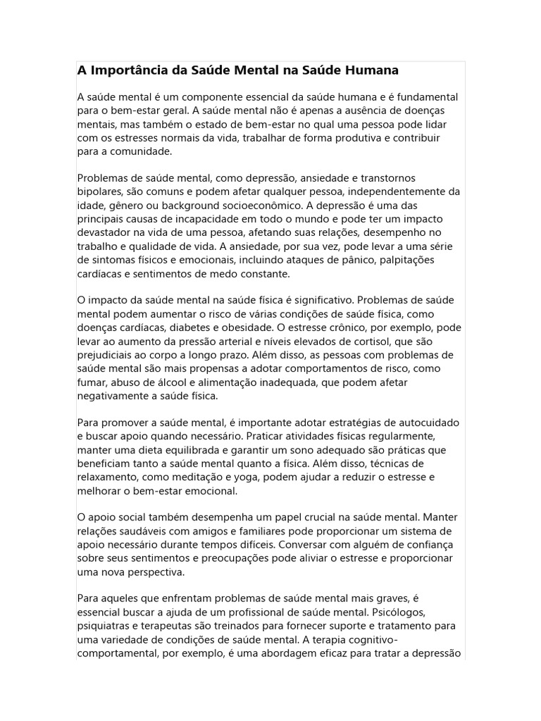 Saúde Mental: Essencial para o Bem-Estar | PDF | Saúde mental | Depressão