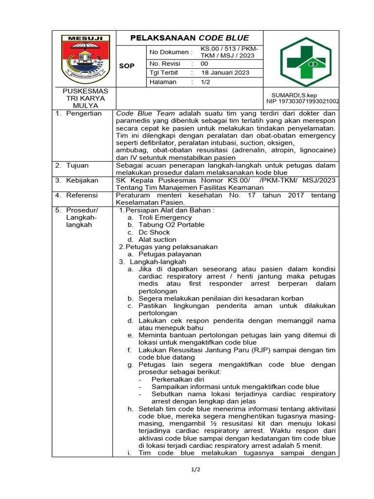 1.4.2c Sop Pelaksanaan Kode Blue | PDF
