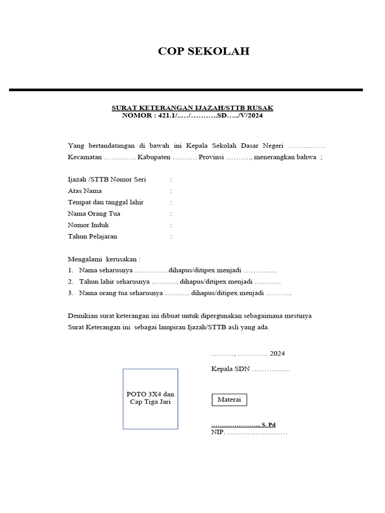Format Surat Keterangan Sttb/ijazah Rusak | PDF | Olahraga & Rekreasi