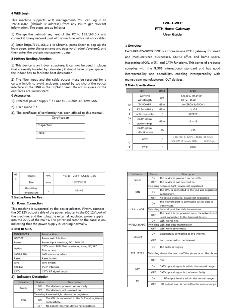FWG Onu | PDF | Wi Fi | Cable Television