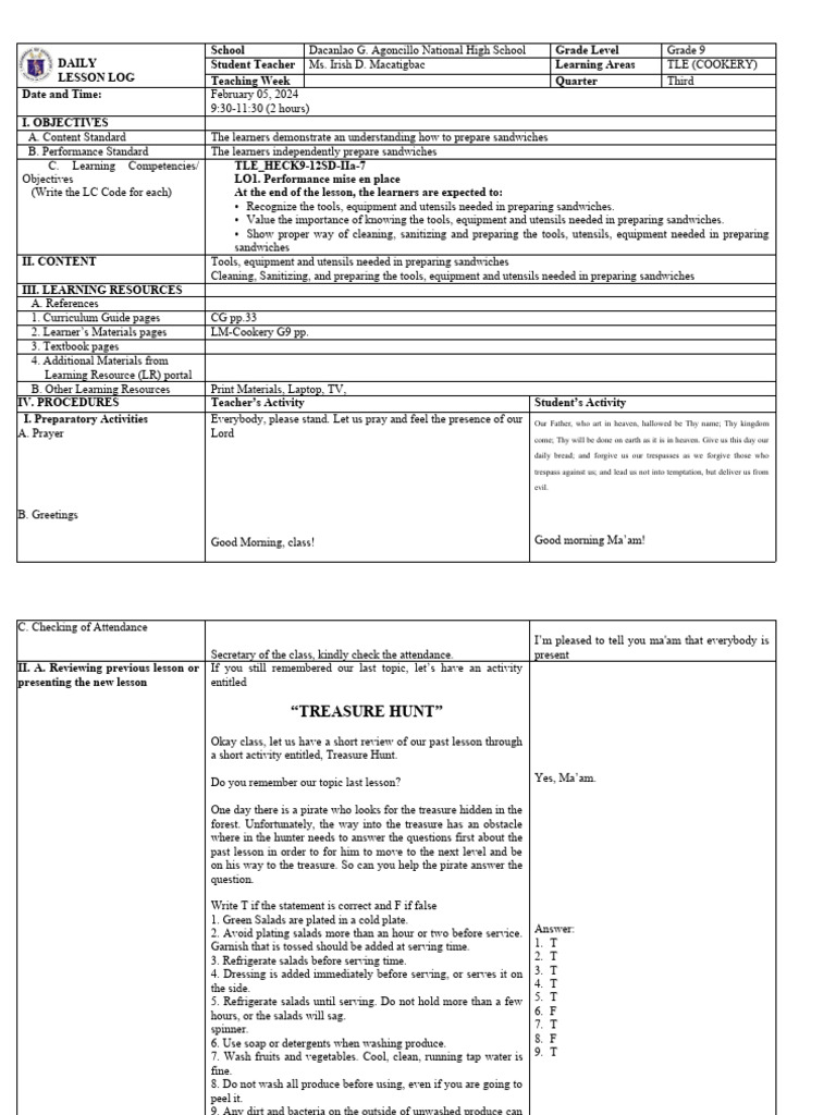 Detailed Lesson Plan Tools Utensils and Equipments Topic 2 | PDF ...