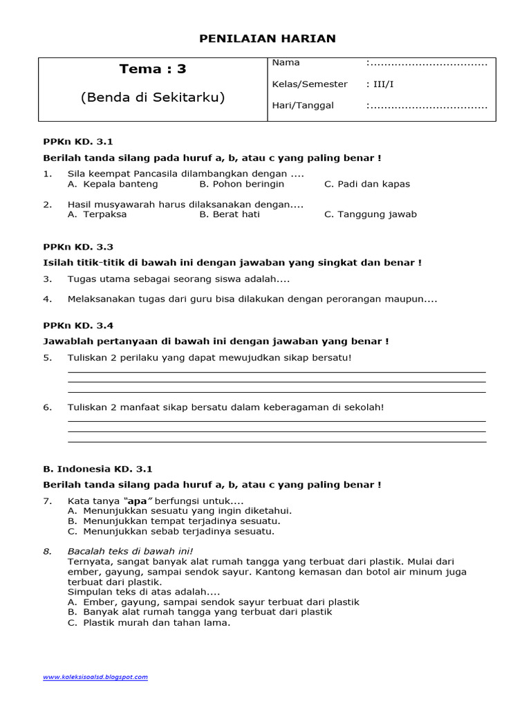 Soal Penilaian Harian Kelas 3 Tema 3 | PDF