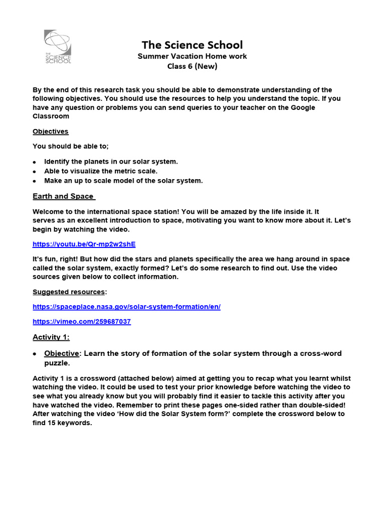 Summer Holiday Homework Science - Class 6 2023 | PDF | Planets | Solar ...
