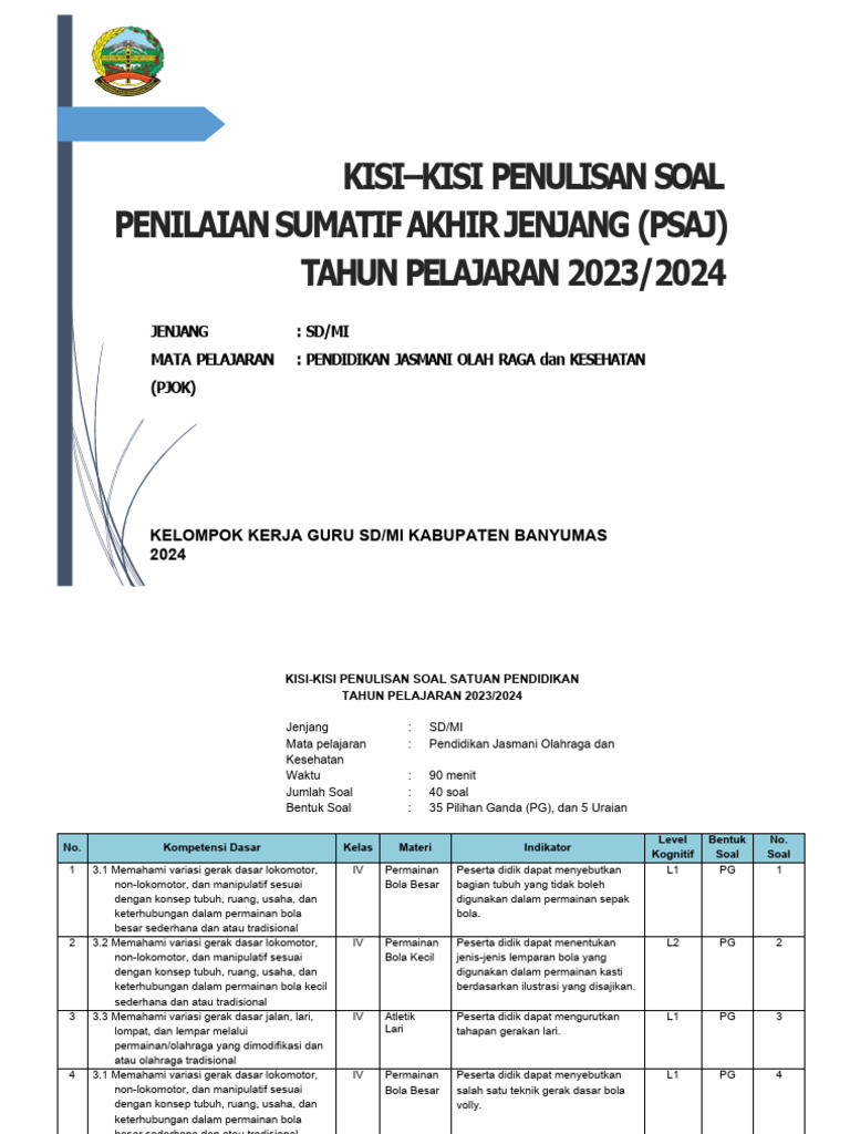 Contoh Kisi-Kisi Psaj Pjok | PDF