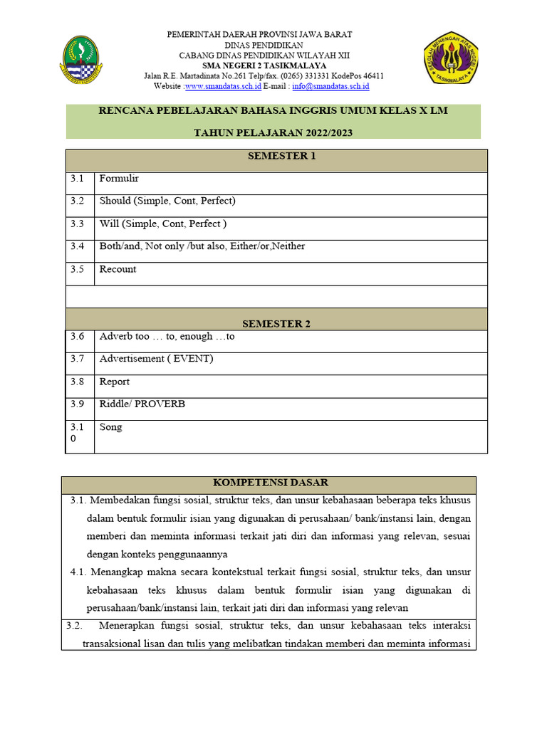 Rencana Pebelajaran Bahasa Inggris Umum Kelas X LM | PDF