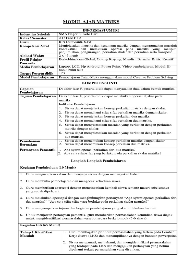Modul Ajar Matriks untuk Kelas XI | PDF