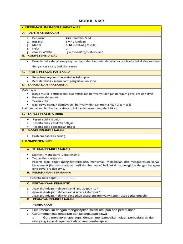 Modul Ajar - Musik - Unisono Kelas 7 - 2 | PDF