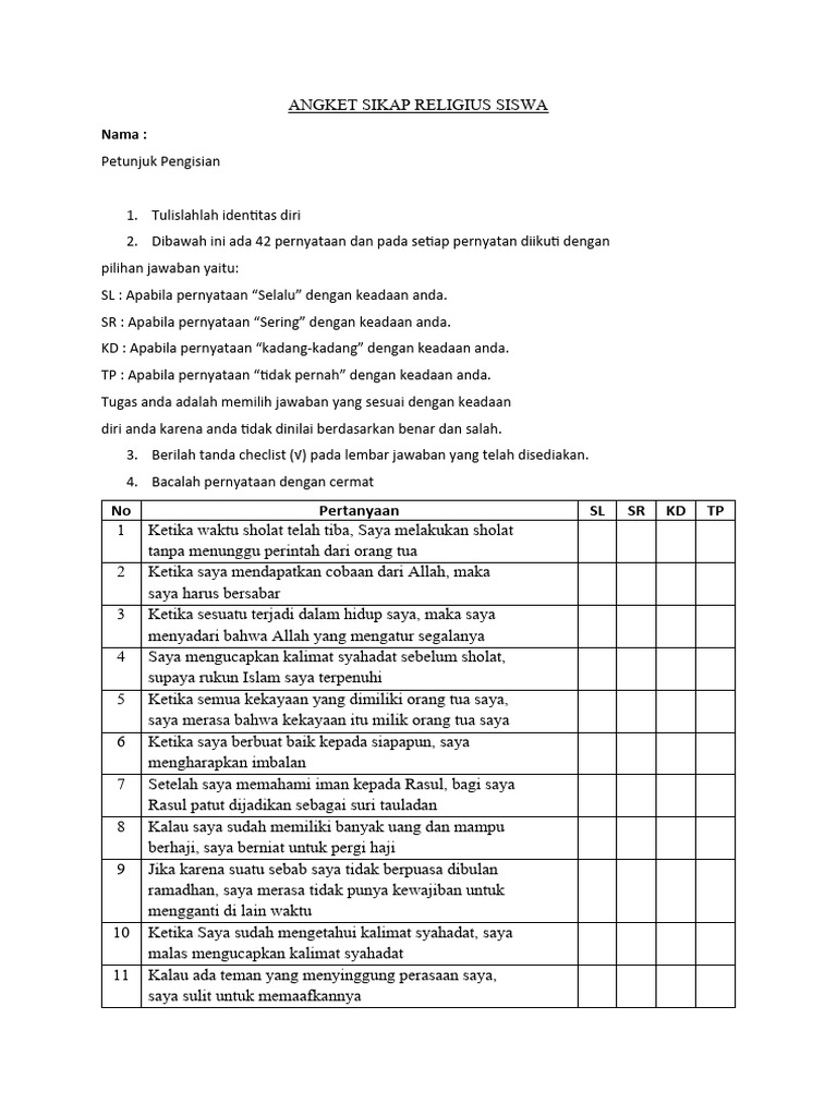 Kuesioner Sikap Religius Siswa SMP | PDF