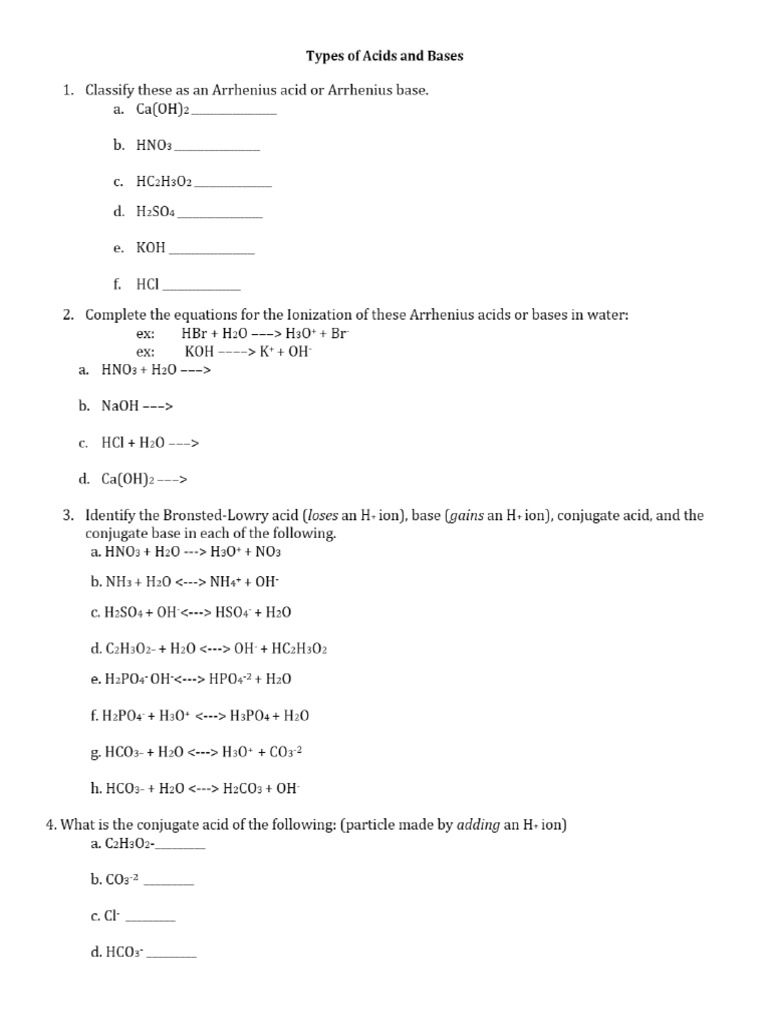 Acids Bases Worksheet - MHS Pre | PDF