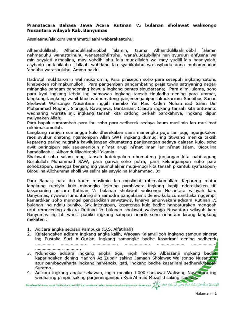 Teks Pranatacara Bahasa Jawa Acara Pengajian | PDF