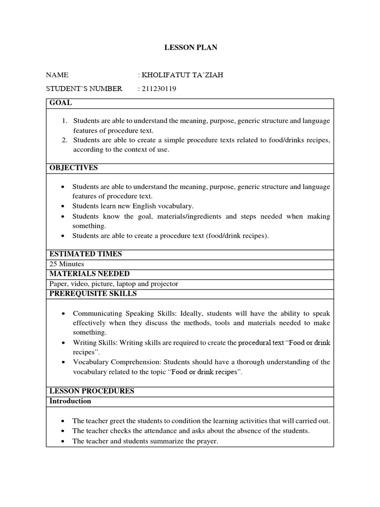 Lesson Plan - Kholifatut Ta'ziah - 211230119 | PDF | Lesson Plan ...