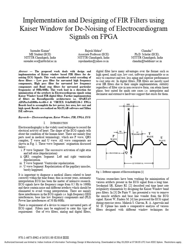 Implementation and Designing of FIR Filters Using Kaiser Window For De-Noising of ...