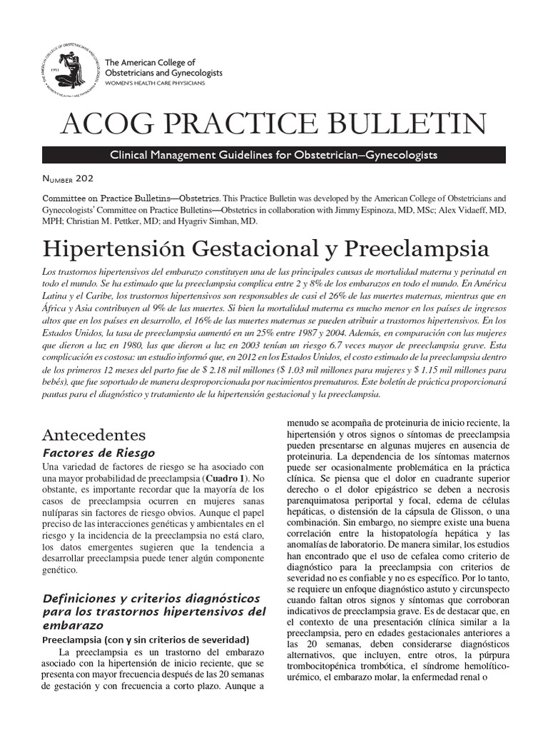 ACOG - Preeclampsia BULLETIN | Descargar gratis PDF | Hipertensión | El ...