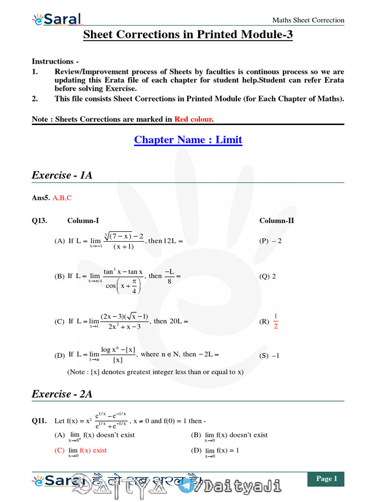 Maths Module-3 Sheet Corrections | PDF | Mathematics