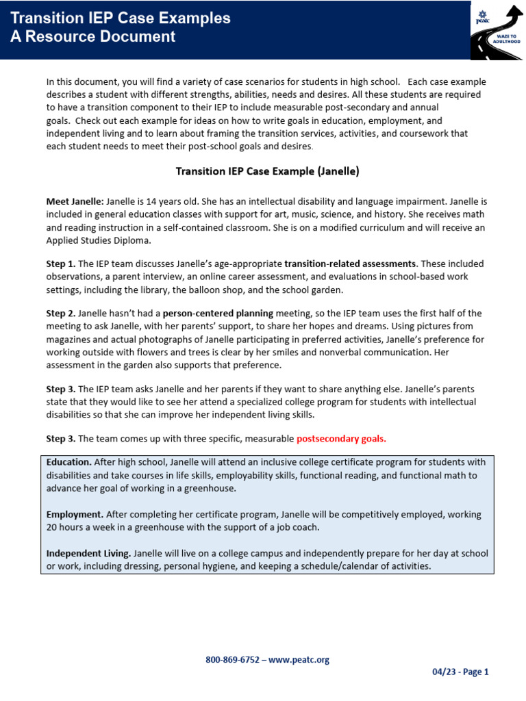 Sample of Individual Transition Plan | PDF | Individualized Education ...