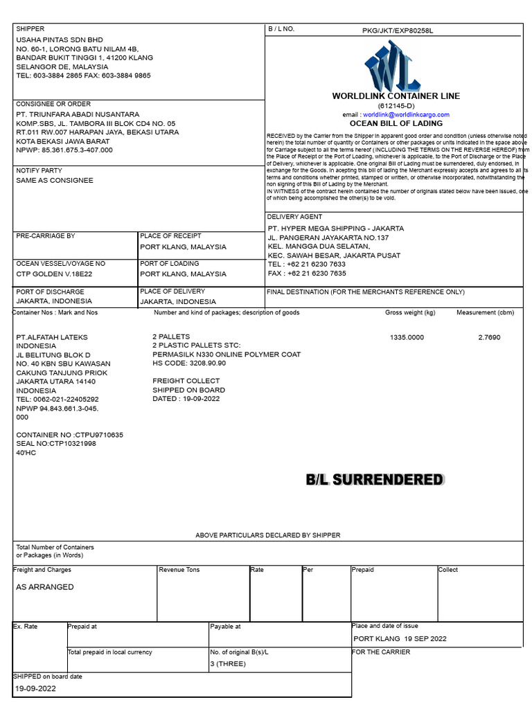 Worldlink Container Line: Ocean Bill of Lading | PDF | Bill Of Lading ...