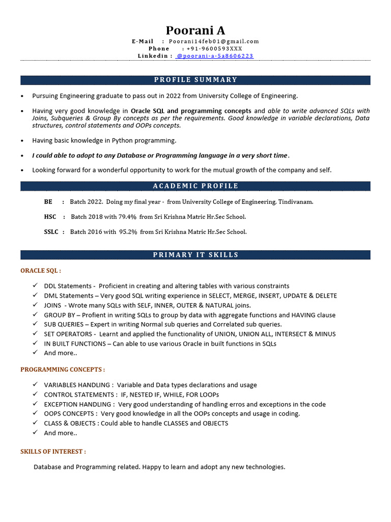 Poorani Resume | PDF | Sql | Data Management Software