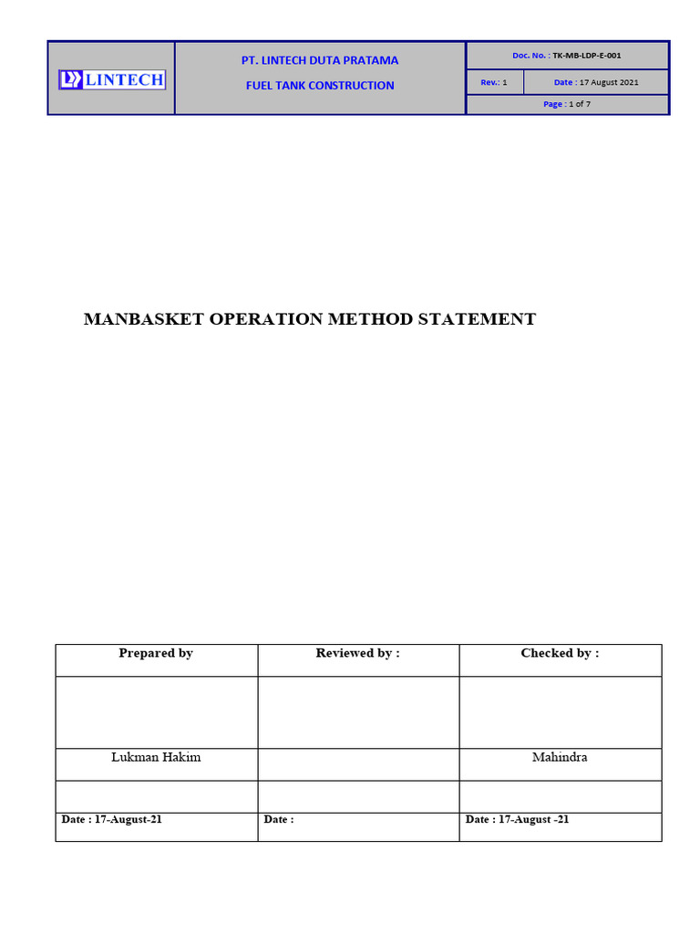 Manbasket Operation Method Statement-r1 | PDF | Safety | Crane (Machine)