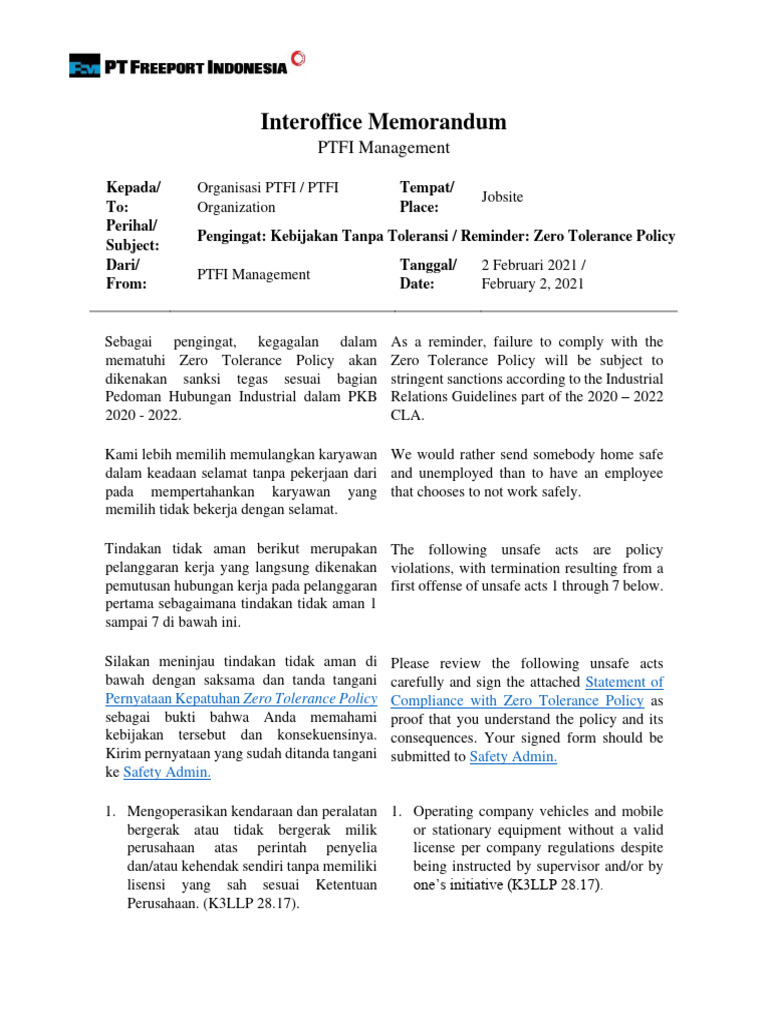 MEMO Zero Tolerance Policy 2 Feb 2021 FINAL | PDF