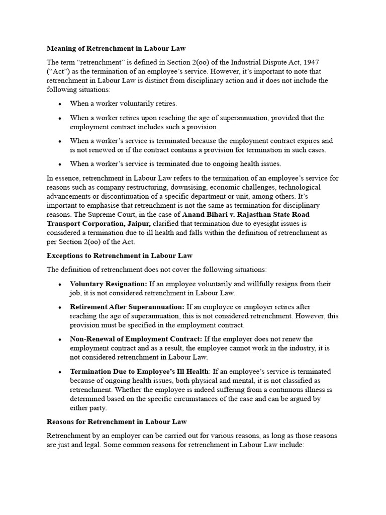 Meaning of Retrenchment in Labour Law | PDF | Employment | Layoff