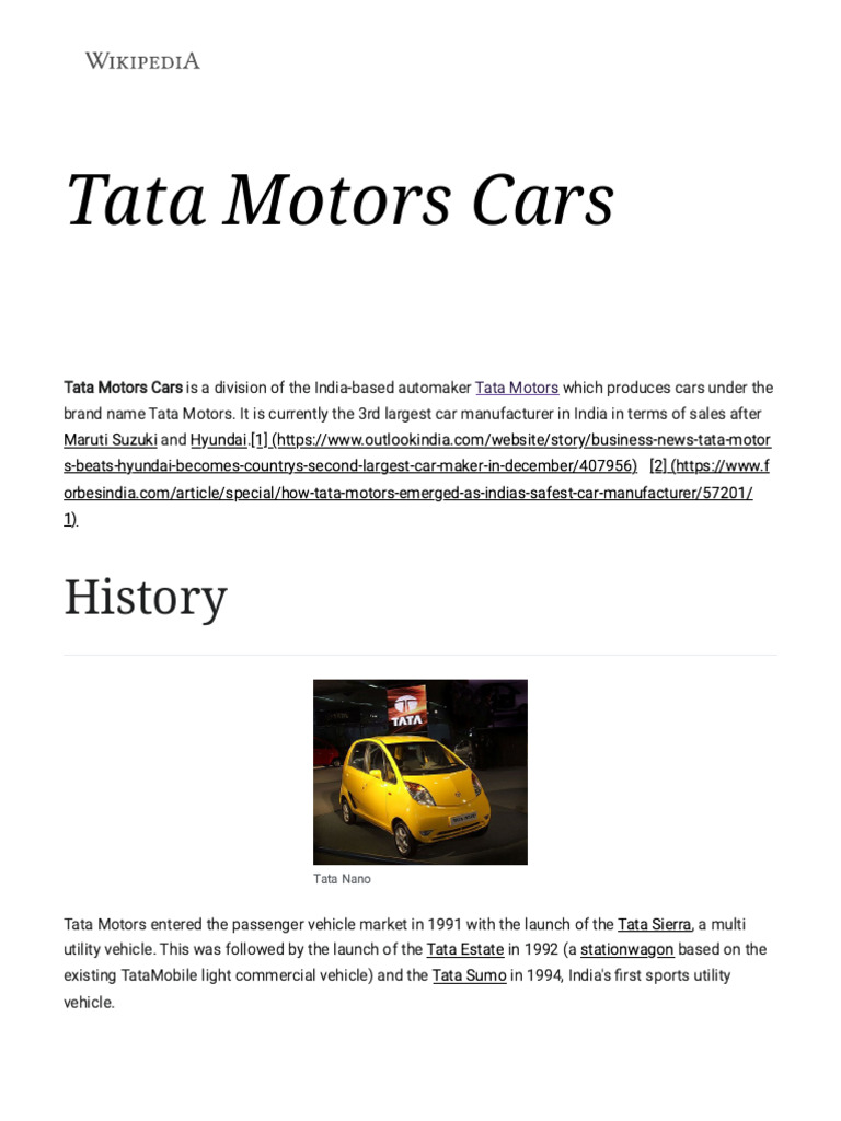 Tata Motors Cars - Wikipedia | PDF | Vehicle Industry | Motor Vehicle