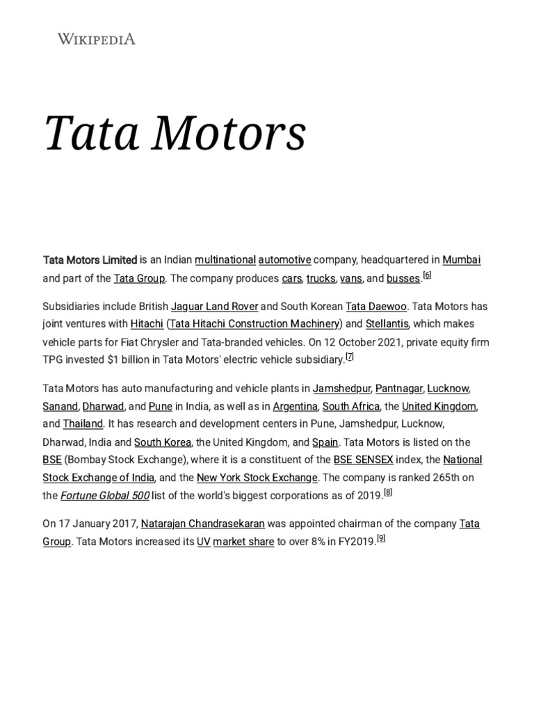 Tata Motors - Wikipedia | PDF | Automotive Industry | Vehicles