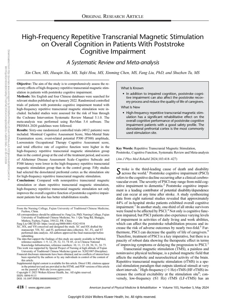 High-Frequency Repetitive Transcranial Magnetic Stimulation | Download Free PDF | Systematic ...