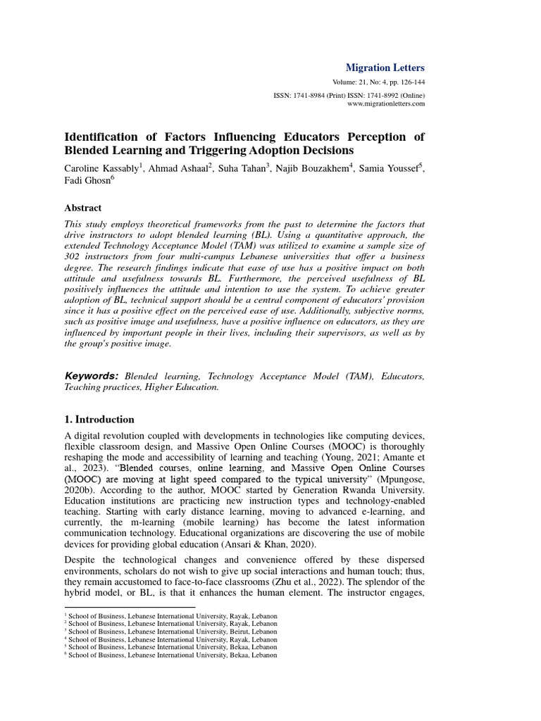 Identification of Factors Influencing Educators Perception of Blended Learning and Triggering ...