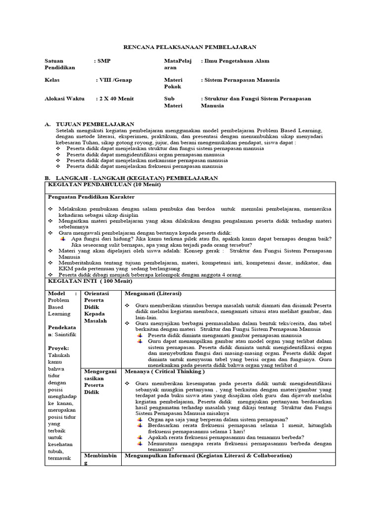 RPP Sistem Pernapasan Pada Manusia KLS 8 Feb 2022 | PDF | Sains & Matematika